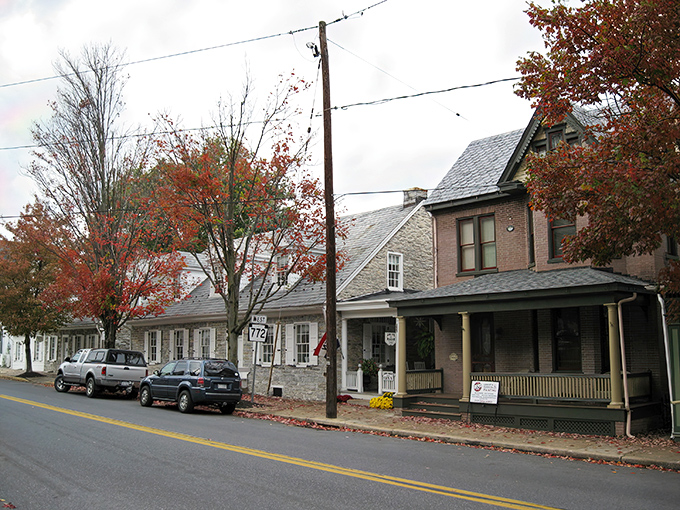 Lititz's historic buildings with their distinctive architecture create a picturesque small-town streetscape.