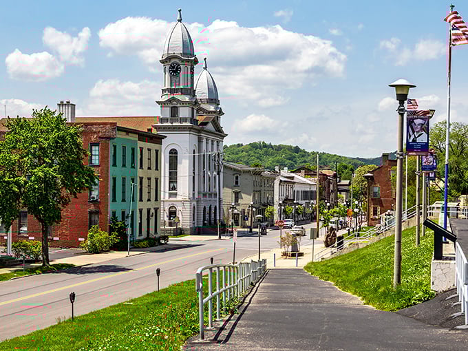 The perfect small-town vista: Lock Haven's tree-lined main street leads the eye straight to that charming white gazebo.