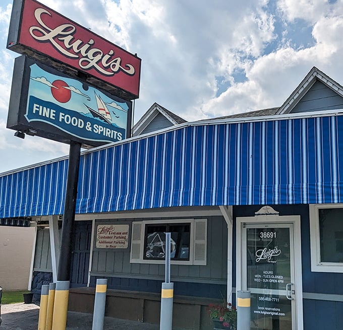 Bright blue siding and a classic sign – Luigi's looks like it was plucked straight from a perfect summer day on the lake.