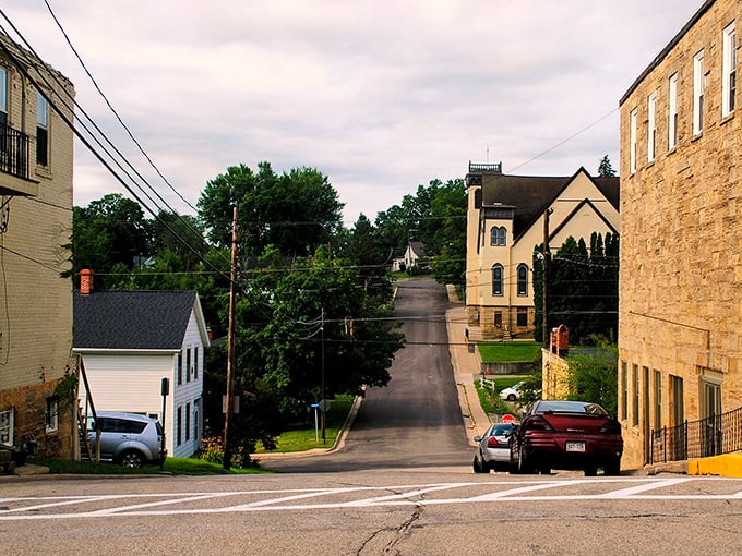 A quiet side street in Mineral Point reveals the town's gentle slopes and historic architecture, a scene that hasn't changed much in generations.