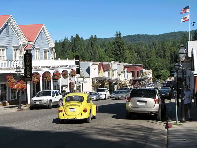 Main Street in Nevada City offers a perfect blend of Victorian charm and small-town hospitality, with a yellow VW Beetle for a pop of color.