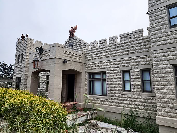 Sam's Castle: Gray stone walls and round turrets create a medieval silhouette against the California landscape—a storybook castle with Pacific Ocean views.