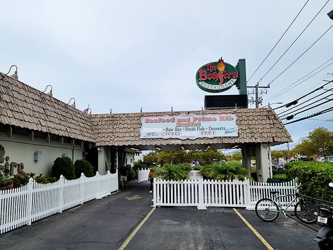 Ocean City's legendary Bonfire Restaurant stands ready for hungry beachgoers. That sign promising "100 feet of all you can eat" isn't just advertising—it's poetry to a hungry soul.