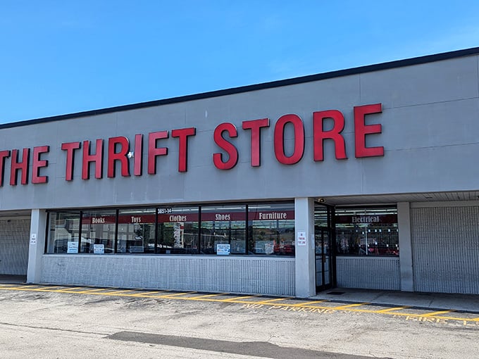Bold red letters announce bargain hunting headquarters where your dollar stretches like taffy at the county fair.