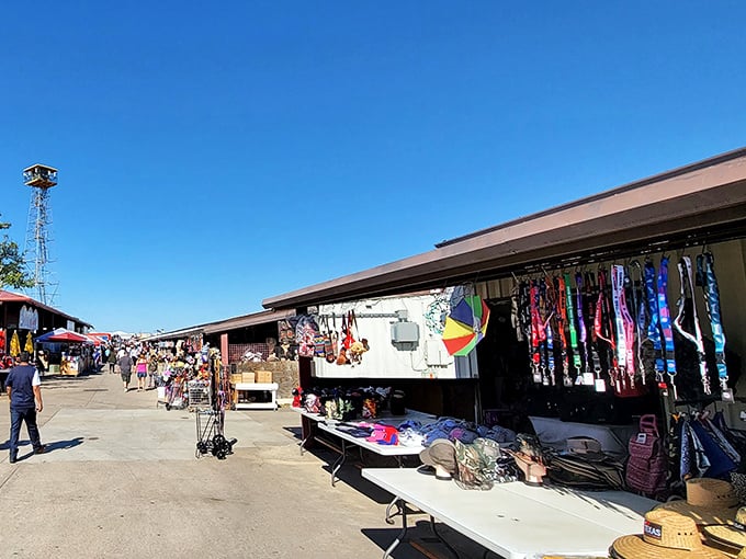 The colorful vendor stalls at Traders Village create a festive shopping atmosphere. That "No Parking" sign might as well say "Yes Shopping" for eager bargain hunters!