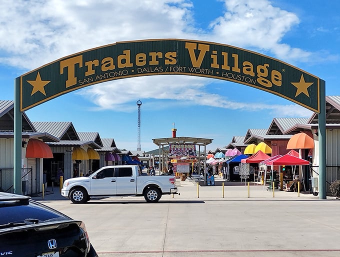 Blue skies and bargain hunting! Traders Village's colorful awnings create a festive atmosphere where treasure seekers roam free.
