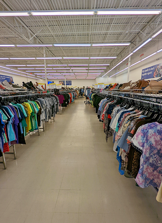 Clothing racks stretch toward infinity, a kaleidoscope of fashion history waiting to be rediscovered. Every hanger holds a potential wardrobe revolution.
