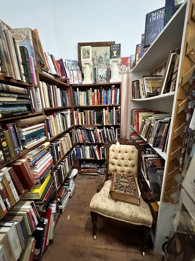 This literary nook is every bookworm's dream—complete with that perfect reading chair where you could lose an entire afternoon in someone else's memories.