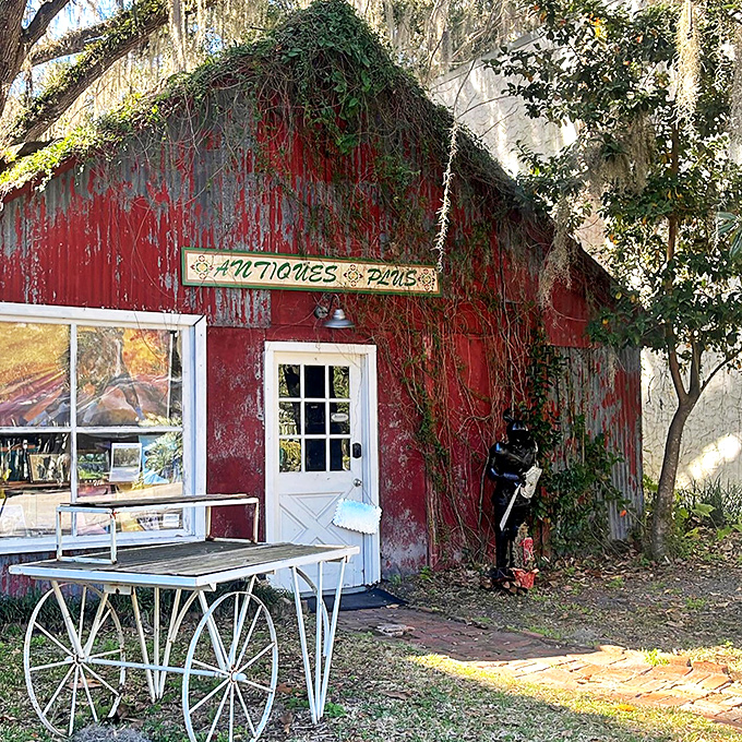 At Antiques Plus, even the building is vintage – a weathered red barn where treasures wait behind every creaky door.