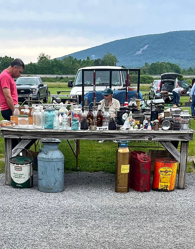 Vintage vessels with stories to tell. Old milk cans, antique bottles, and rusty oil containers—each one a conversation piece waiting for a new home.