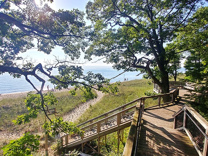 The wooden stairway to heaven—or at least to the closest earthly equivalent: a pristine Great Lakes beach waiting below.
