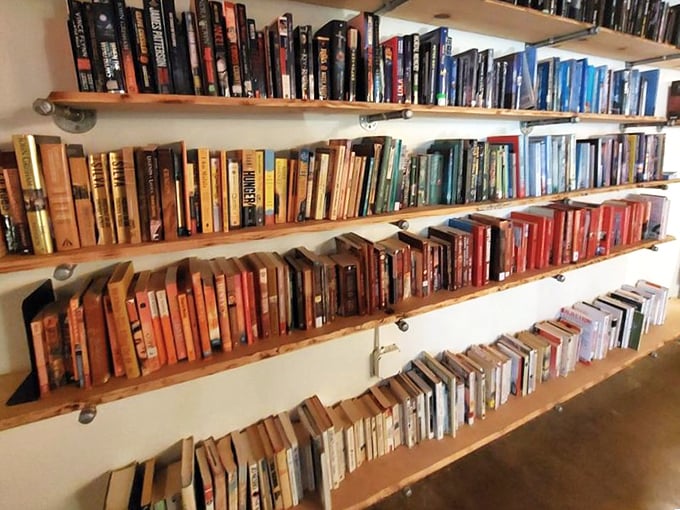 A bibliophile's dream come true—these color-coded shelves offer literary adventures for less than the price of a fancy coffee.
