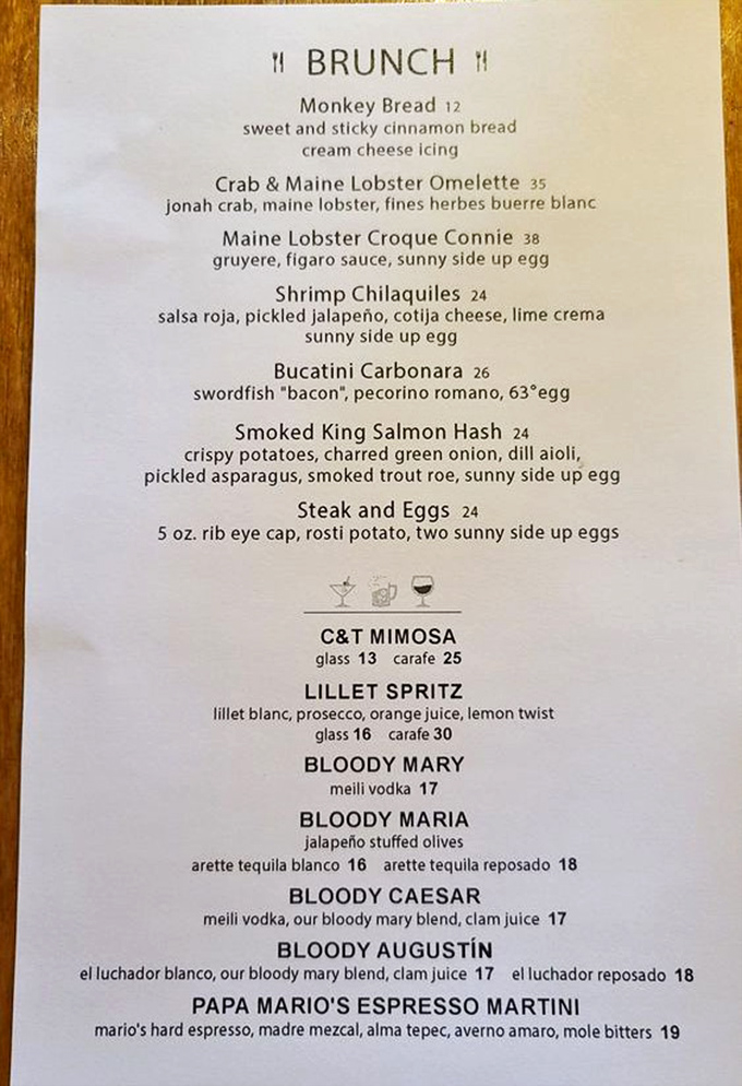 This brunch menu reads like a love letter to seafood enthusiasts—Lobster Croque Connie and Swordfish "Bacon" Carbonara? Yes, please!