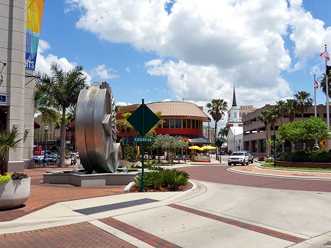 Public art meets urban planning at this downtown plaza – where a massive metallic sculpture proves Florida understands culture doesn't just mean yogurt.
