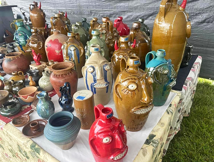Face jugs and folk pottery stand at attention, their quirky expressions and glazes representing generations of Appalachian craftsmanship.