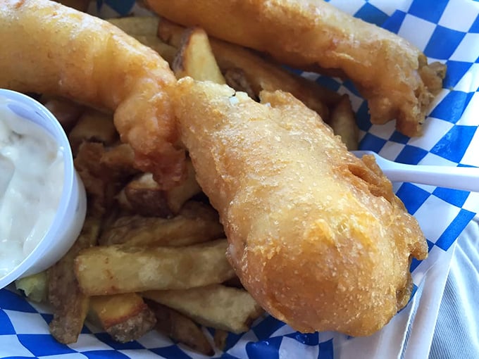 Golden perfection on blue-checkered paper—this fish and chips duo has that ideal crisp-to-flake ratio that would make even London jealous.