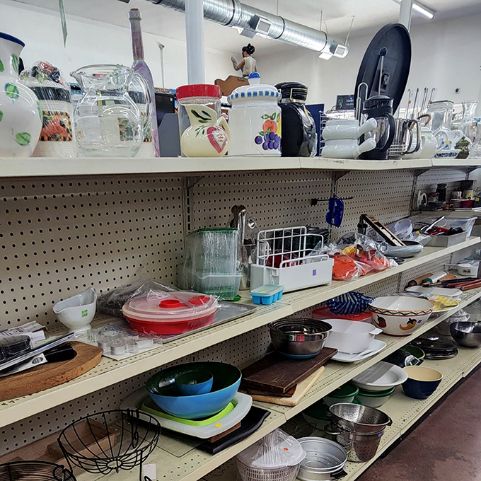 Kitchen treasures await new homes—that colorful vintage pitcher might have stories to tell about dinner parties from decades past.