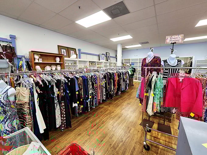 Racks upon racks of carefully organized clothing—this isn't your average jumbled thrift store, it's a boutique experience without the boutique prices.