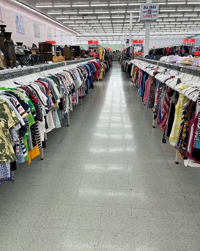 Endless racks stretching toward the fluorescent horizon—the thrifter's equivalent of seeing the ocean for the first time.