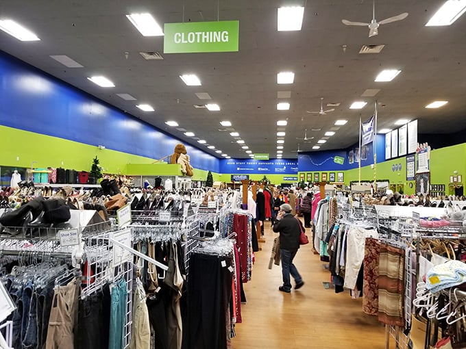 The clothing section stretches like an ocean of fabric possibilities, where yesterday's fashion finds new life and new closets.