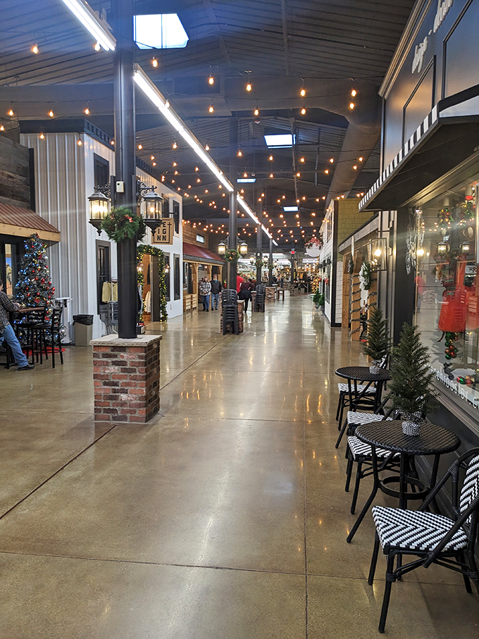 String lights and polished floors create an unexpectedly upscale shopping experience. This ain't your grandpa's flea market—though he'd love it here too.