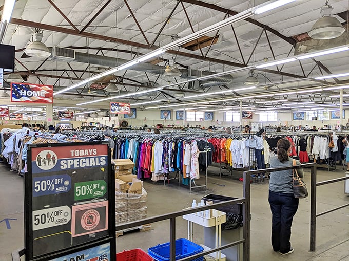 Endless racks stretch toward the horizon – this isn't just shopping, it's an expedition with color-coded discount signs as your treasure map.