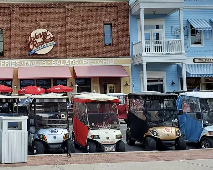 Johnny Rockets stands ready to serve, while the real show is the colorful parade of personalized golf carts outside—retirement's answer to custom hot rods.
