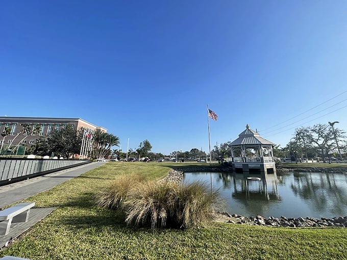 Laishley Park's gazebo stands sentinel over calm waters, a postcard-perfect spot where you can contemplate life or just watch pelicans dive-bomb for lunch.