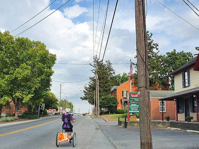 The ultimate traffic jam in Bird-in-Hand: A local Amish woman pedals her tricycle down Main Street, outpacing modern life one rotation at a time.