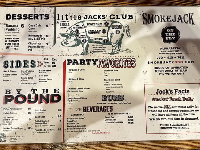 The menu reads like a love letter to smoked meats, with sections that make decision-making both delightful and agonizing. Choose wisely, friends.