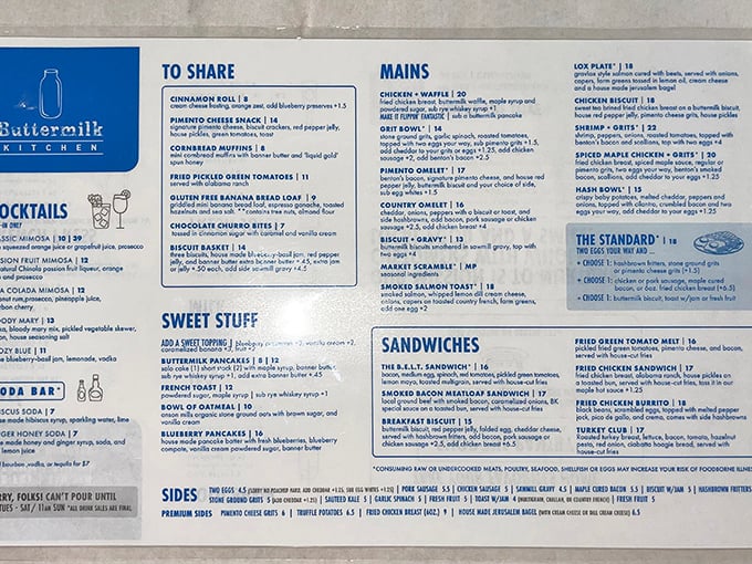 The menu reads like a love letter to Southern breakfast traditions, with each item promising the kind of satisfaction that makes Monday mornings bearable.
