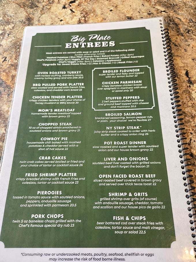 This menu isn't just a list of options—it's a roadmap to comfort food nirvana, from Mom's Meatloaf to Cowboy Pie.