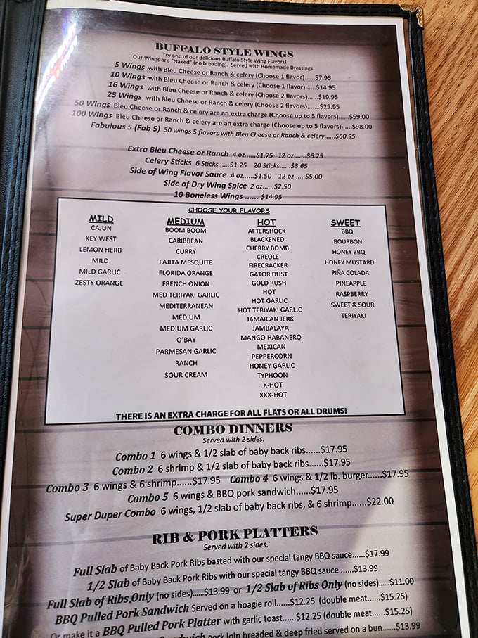 A wing menu so extensive it could double as a small-town phone book. Forty flavor options means you could try a new one every week for nearly a year!
