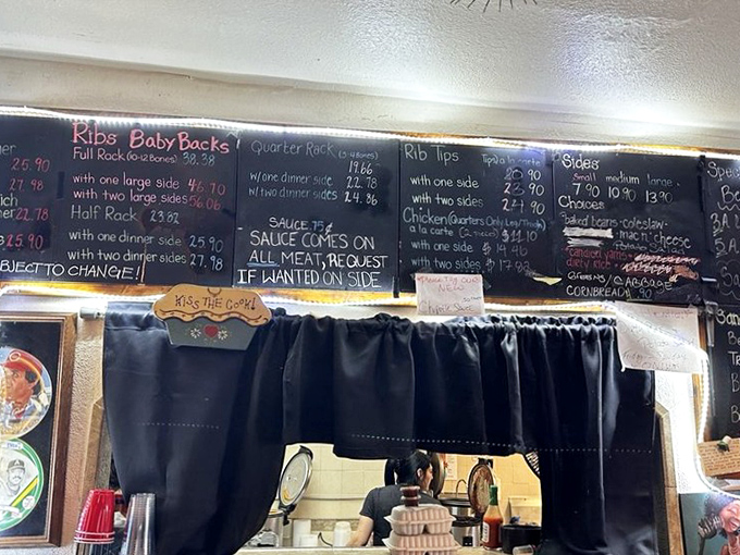 
The handwritten chalkboard menu tells you everything you need to know—this is serious barbecue that doesn't need fancy fonts to impress. 