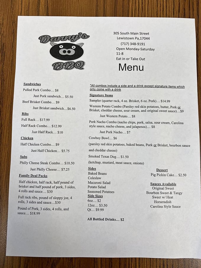 A menu that cuts straight to the chase—no flowery descriptions needed when your brisket speaks such eloquent volumes.