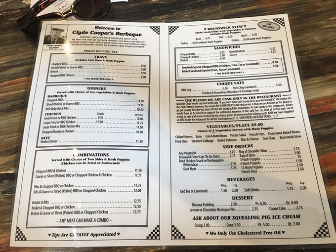 A menu that doesn't need fancy descriptions—just the promise of smoky perfection that's kept locals coming back since FDR was president.