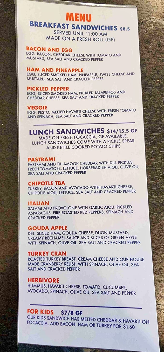 This menu isn't just a list of food—it's a roadmap to happiness. The breakfast sandwich selection alone could solve most of life's problems.