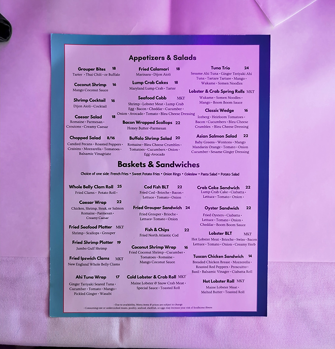 This menu isn't just a list of dishes – it's a treasure map to seafood nirvana with options that'll make decision-making deliciously difficult.