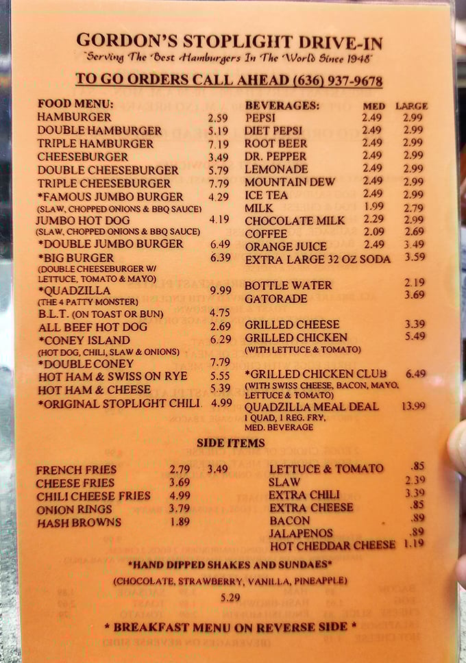 A menu that doesn't need a translator or a bank loan. The legendary Quadzilla lurks at the bottom, daring you to attempt the four-patty challenge.