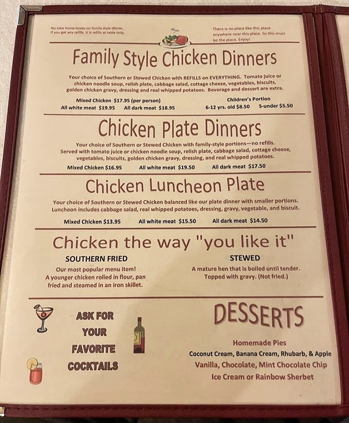 This menu isn't just a list of options—it's a declaration of delicious intent. "Refills on EVERYTHING" might be the four most beautiful words in the English language.