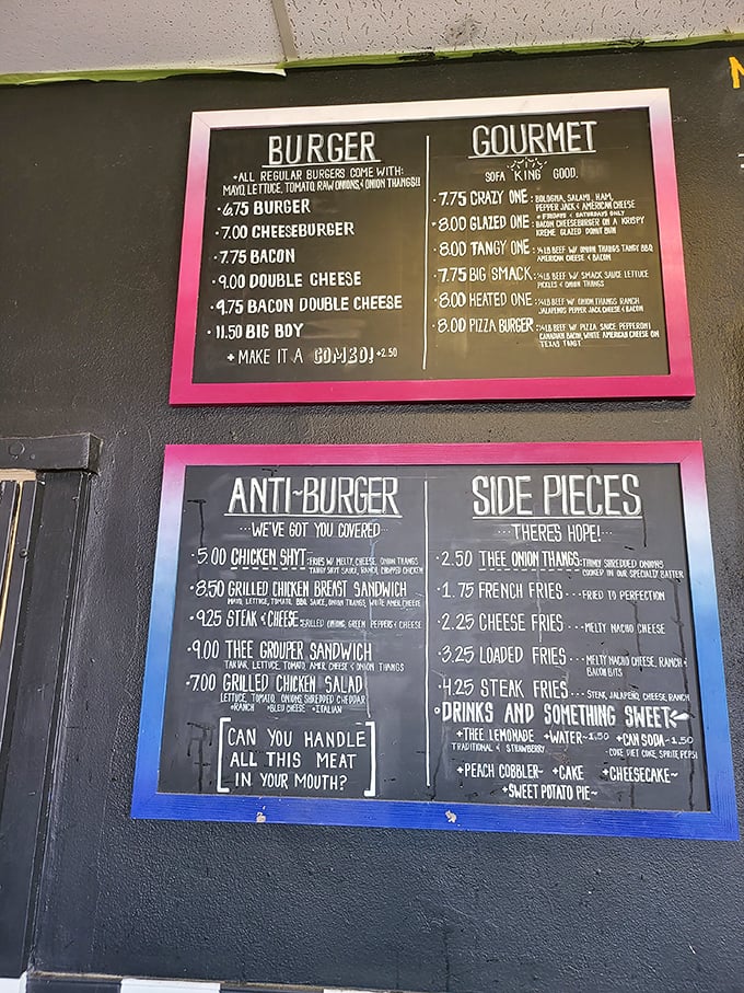 This menu isn't just a list—it's a roadmap to happiness. The "Can you handle all this meat in your mouth?" challenge awaits.