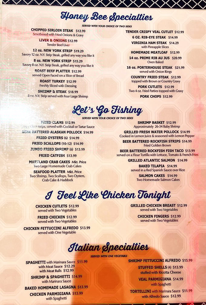 The menu reads like a love letter to American comfort food classics. "Let's Go Fishing" isn't just a section—it's an invitation to seafood paradise.