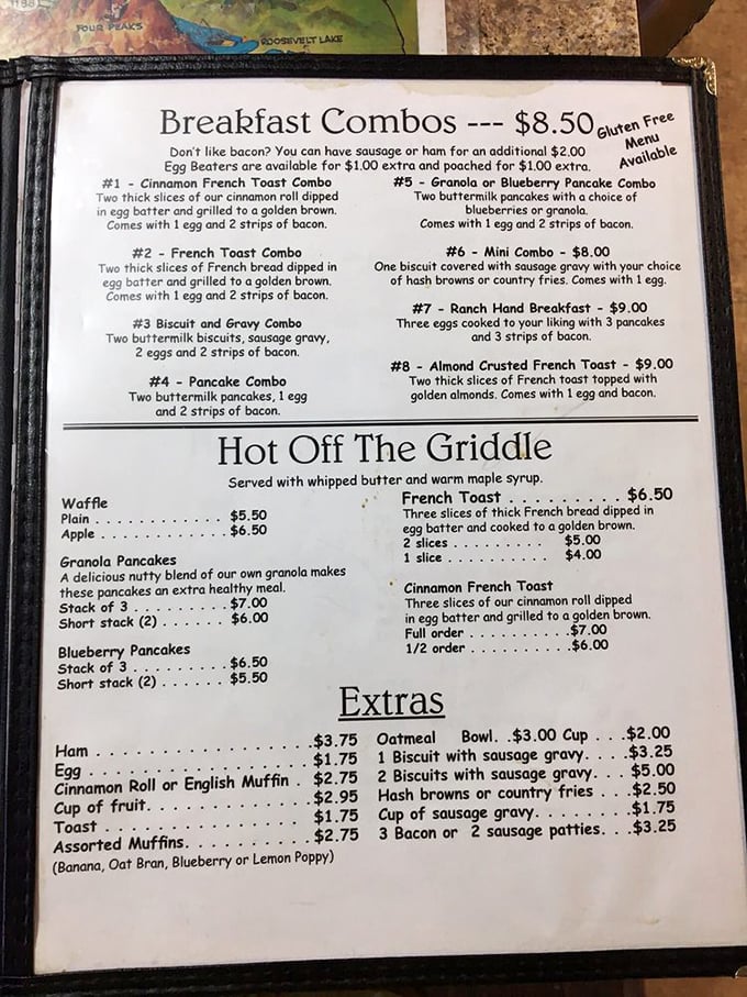 The breakfast combos menu reads like poetry to hungry travelers. Notice #3—the star of our show awaits your order.