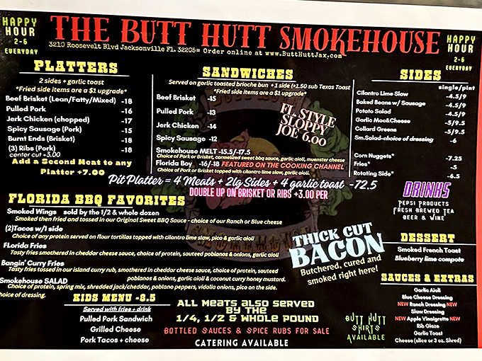 This menu isn't just a list of options—it's a roadmap to smoked meat nirvana with detours through flavor country.