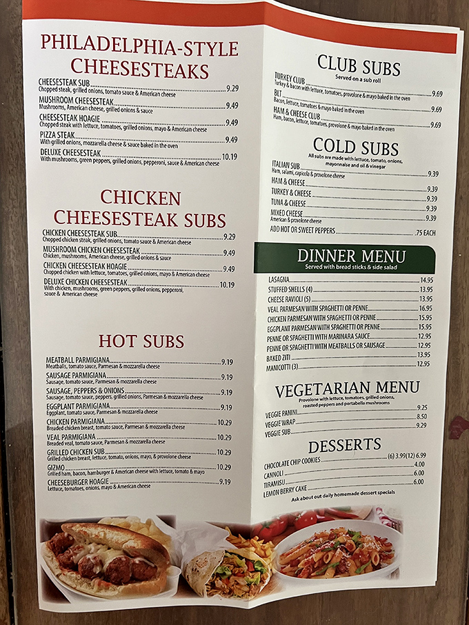 This menu isn't just a list of options—it's a roadmap to happiness. The cheesesteak section alone deserves its own zip code.
