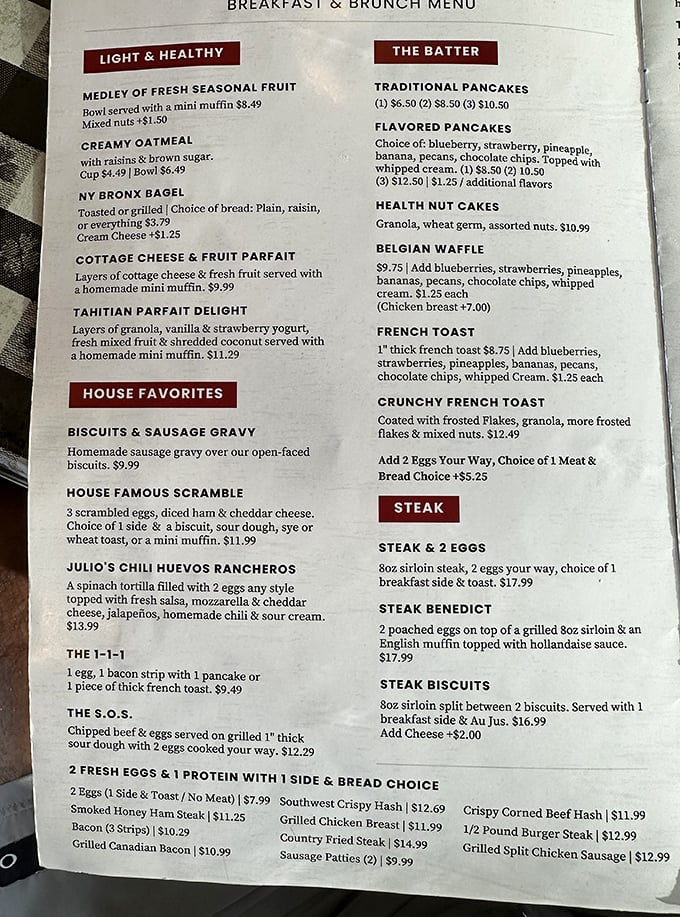 A menu that reads like a love letter to American breakfast – no pretense, just pure comfort.