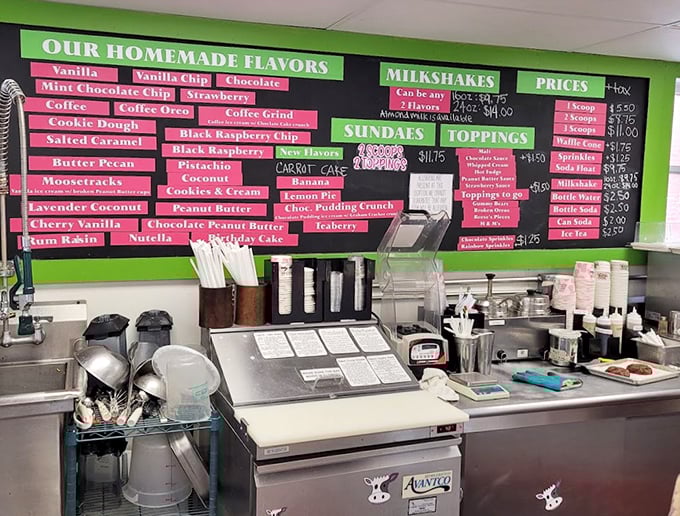 The menu board is a colorful manifesto of frozen possibilities. Choosing just one flavor might be the hardest decision you'll make all day.