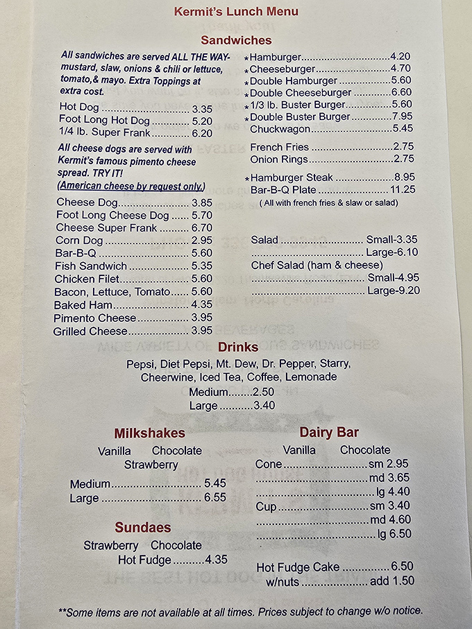 This menu isn't just a list of food—it's a declaration of hot dog independence. The pimento cheese spread warning ("TRY IT!") isn't a suggestion, it's a life philosophy.