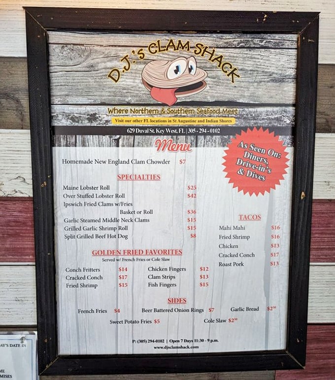 This menu isn't just a list—it's a treasure map where X marks the spot for lobster rolls, fried clams, and that legendary garlic bread.