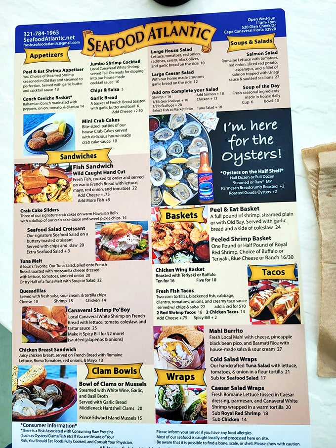 This menu isn't just a list of options—it's a treasure map to oceanic delights. The "I'm here for the oysters!" note speaks to my soul.